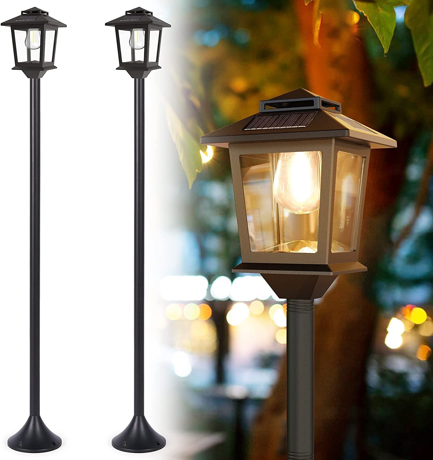 PASAMIC 63" Aluminum Solar Lamp Post Light, Outdoor 2 Pack Solar Floor ...