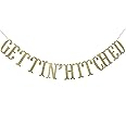 Amazon.com: Gettin' Hitched Gold Gliter Banner, Fun Engagement ...