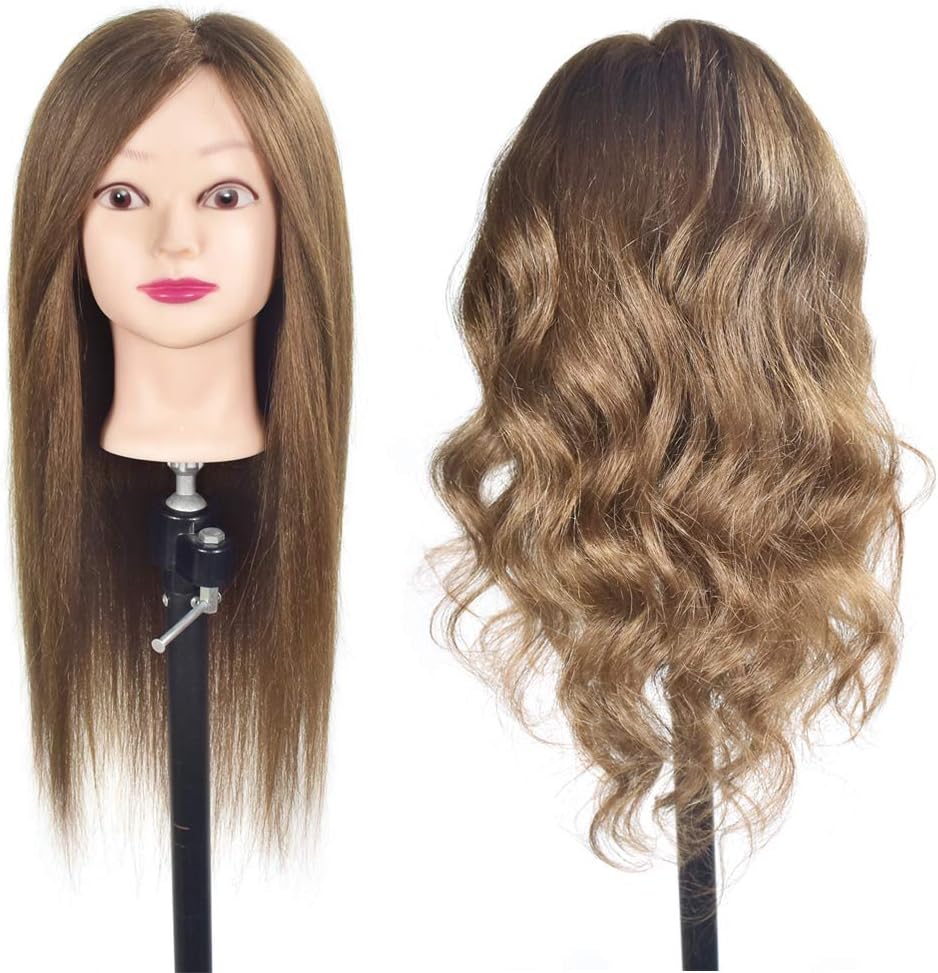XT Mannequin Head with Human Hair Gold Brown Long Straight Hair Hairdressing Practice Training ...