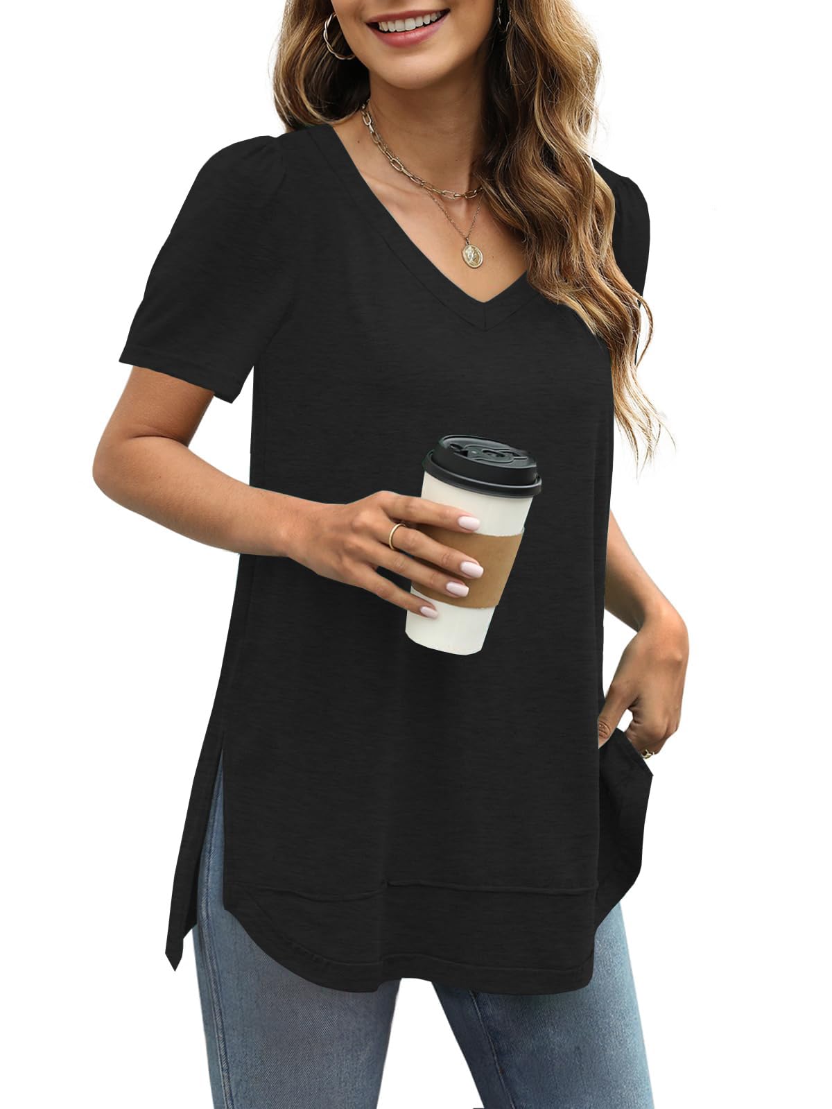 JomeDesign Womens Tops Short Sleeve V Neck Shirts Side Split Loose ...