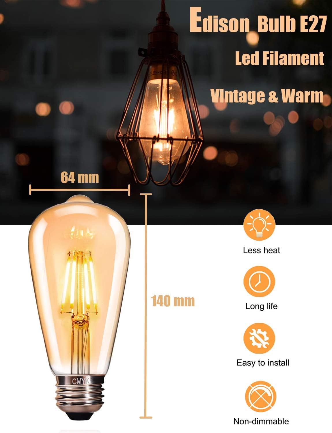 Vintage Edison LED Light Bulb, CMYK LED Edison Screw Bulb 4W (40W ...
