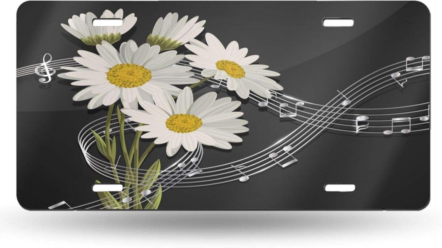 License Plate Music Notes And Daisy Flowers On Black Decorative Car Front License Plate Vanity license-plate-music-notes-and-daisy-flowers-on-black-decorative-car-front-license-plate-vanity
