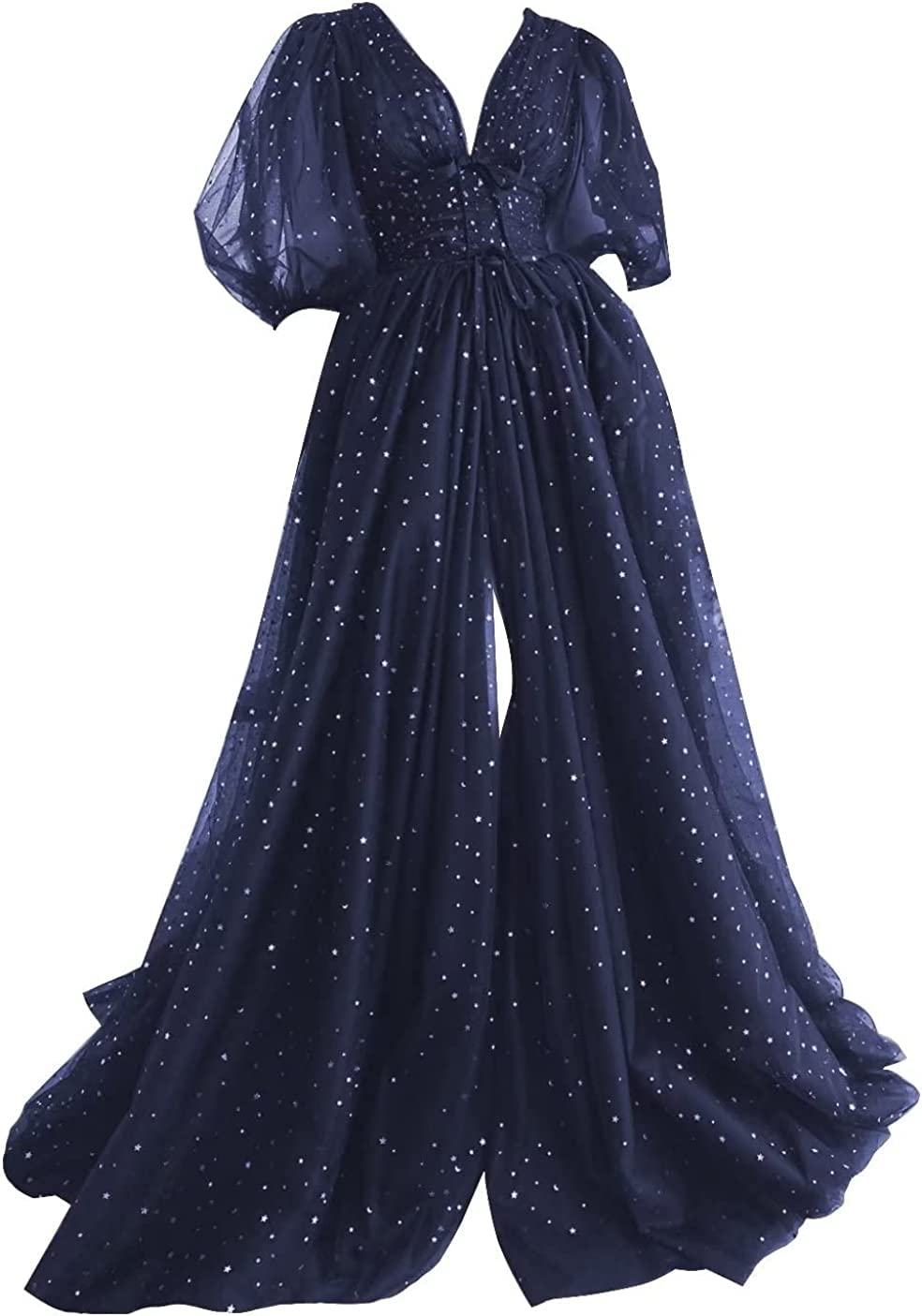 Clothfun Women Sparkle Starry Tulle Prom Dress Puffy Sleeve Ball Gown V ...