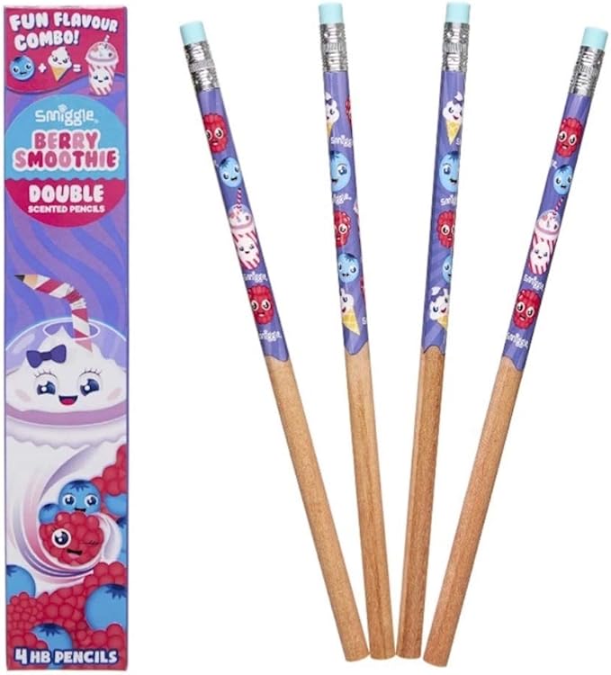 Smiggle Pencil x4 Pack Double Scented HB Wooden Eraser Topped (Berry ...