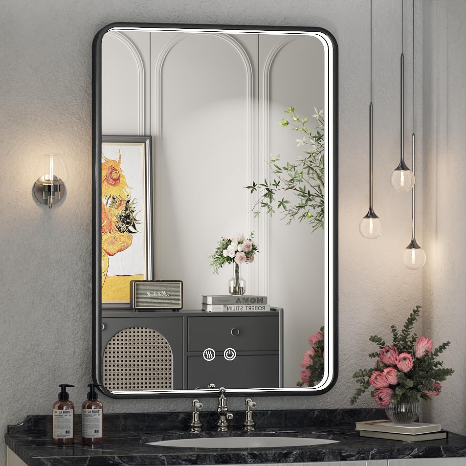 FTOTI 36x24 Inch LED Bathroom Mirror with Lights, Black Metal Frame ...