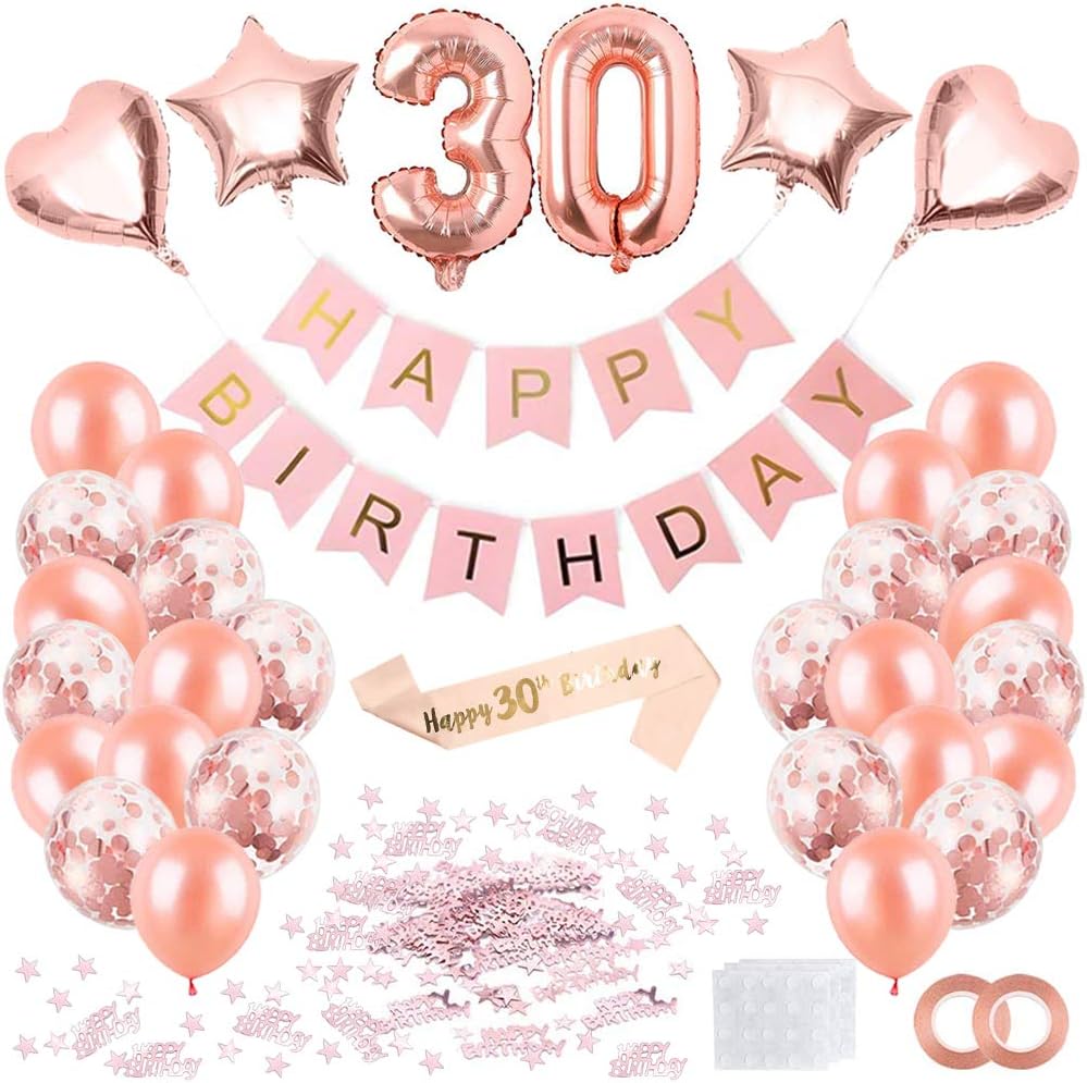 43Pcs 30th Birthday Decorations Rose Gold, Happy Birthday Banner, 30th ...