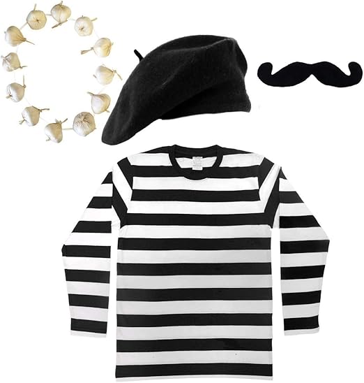 FRENCH MAN FANCY DRESS COSTUME BLACK & WHITE STRIPED TOP + BLACK BERET ...