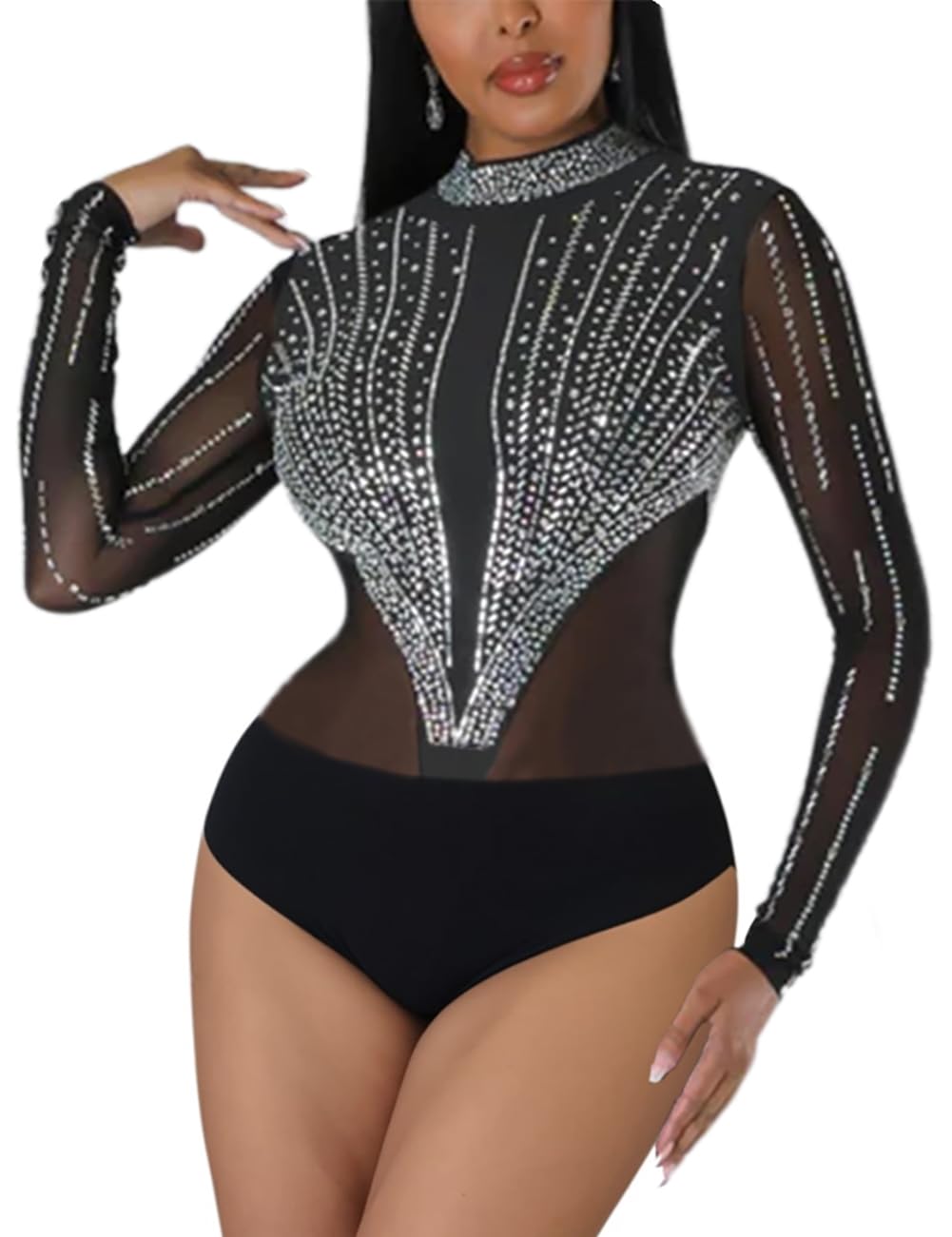 SEBOWEL Women Sheer Mesh Bodysuit Sparkly See Through Top Sequin Turtleneck Long Sleeve Lingerie ...