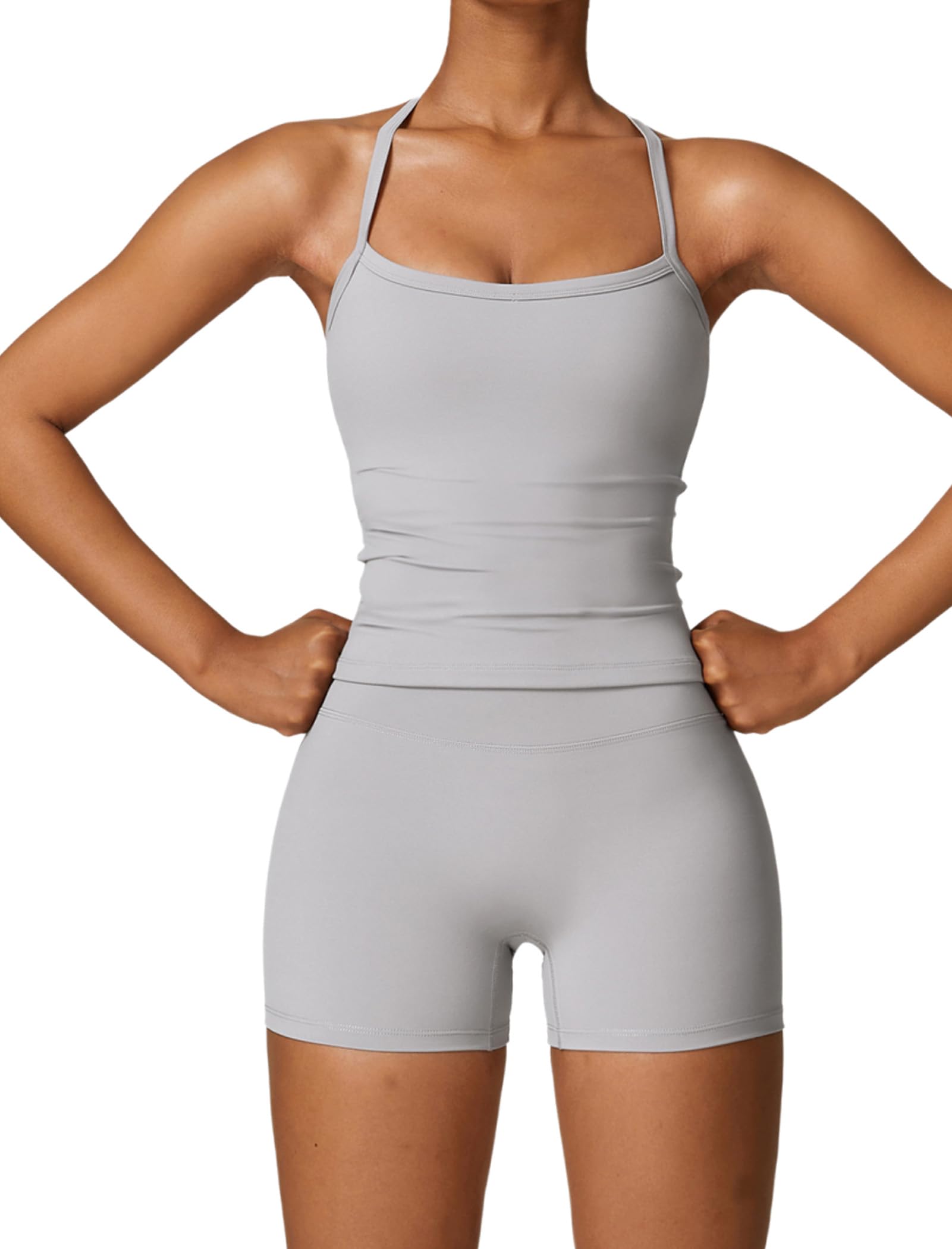 QBGJTD Two Piece Workout Sets For Women Straps Cross Back Tank Top Matching High Waist Booty ...