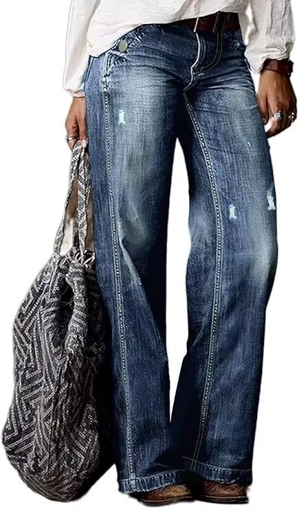 Flamingals Straight Leg Jeans for Women Ripped Raw Hem Mid Waisted ...