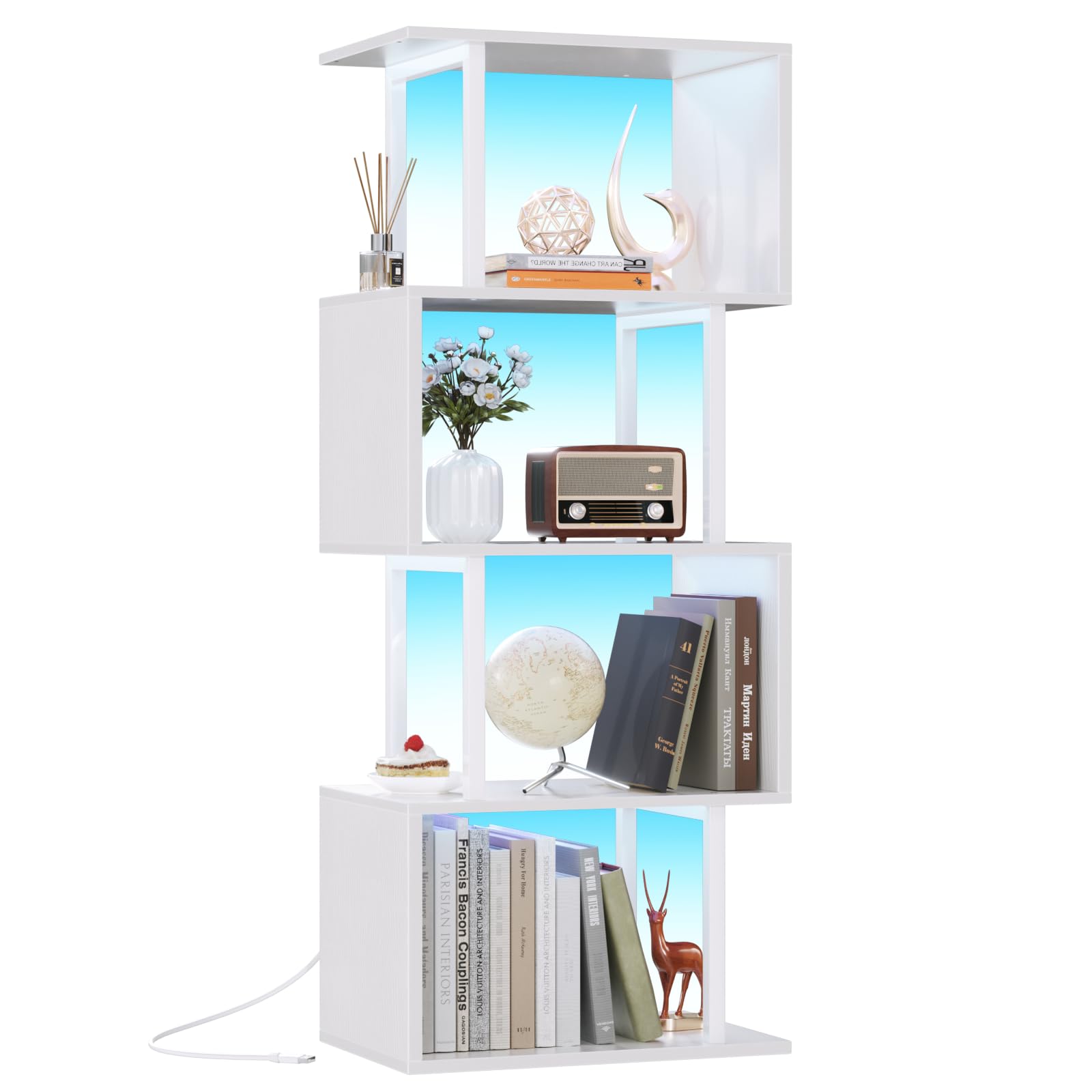 Furologee White Geometric Bookshelf with LED Light, 5 Tier S-Shaped ...