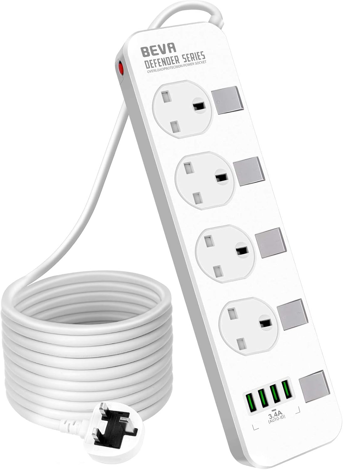 Extension Lead 5M, BEVA 4 Gang Power Strip with 4 USB Ports, Multi Plug ...