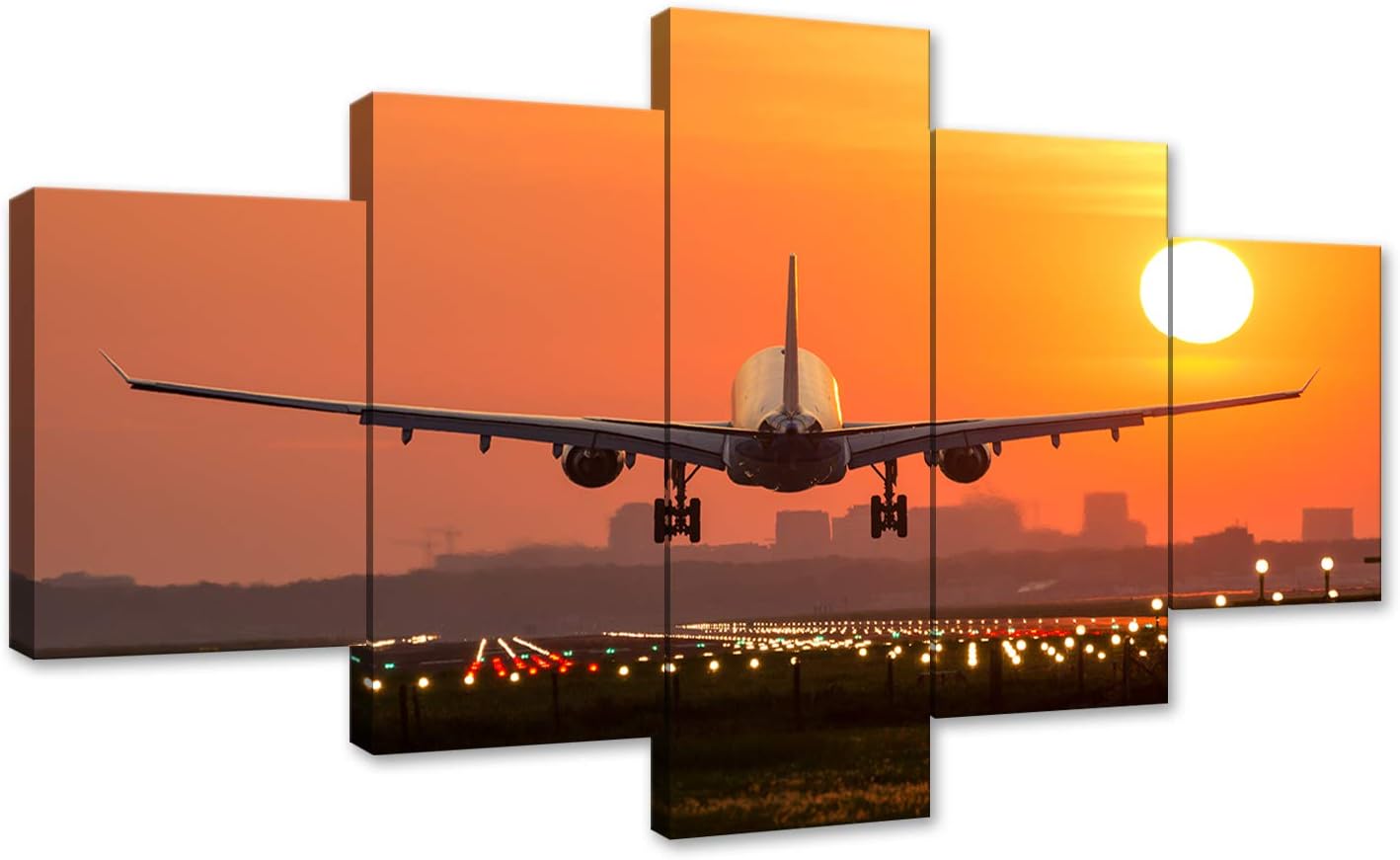 Amazon.com: Airplane Flying Over Runway at Sunset Poster Canvas Art ...