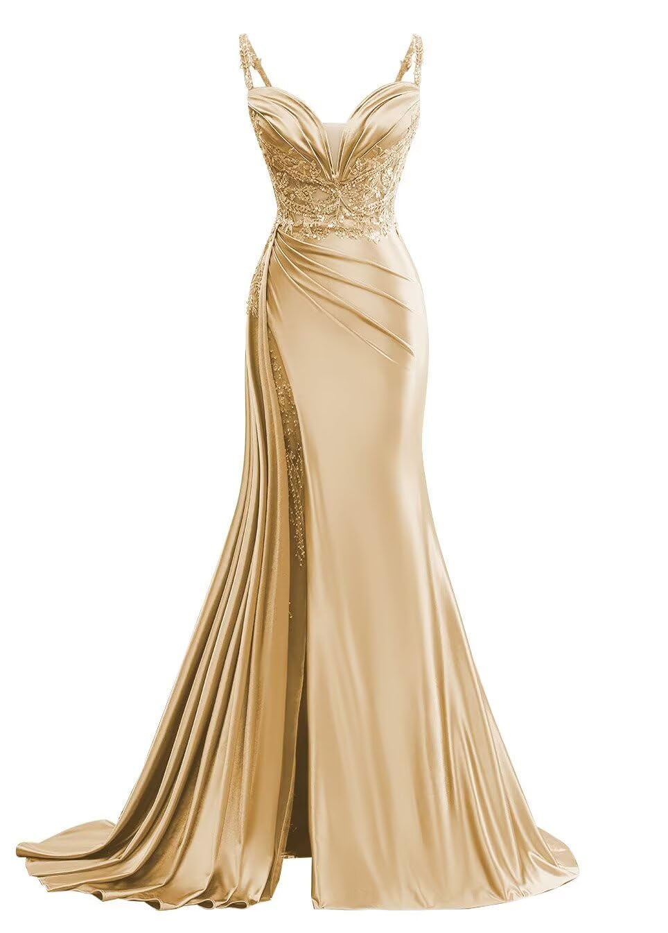 WWOM V Neck Satin Prom Dresses Long 2024 Mermaid Evening Gown wit Slit ...