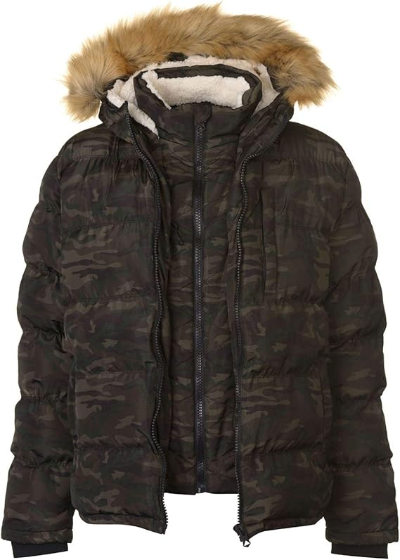 Soul Cal Mens 2 Zip Bubble Jacket Puffer Coat Top Warm Fur Trim Faux ...