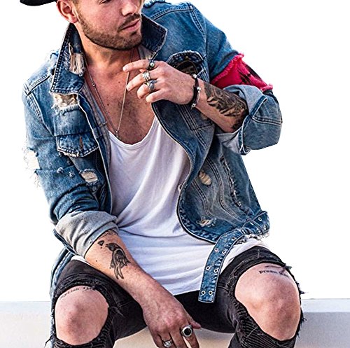 Men's Denim Jacket Ripped Distressed Jeans Jacket Rugged Trucker Jacket ...