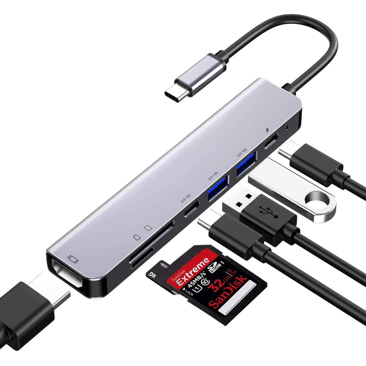 Kapa USB C Type HUB 7 in 1 Adapter, Aluminium Multi Port Dongle Type-C ...