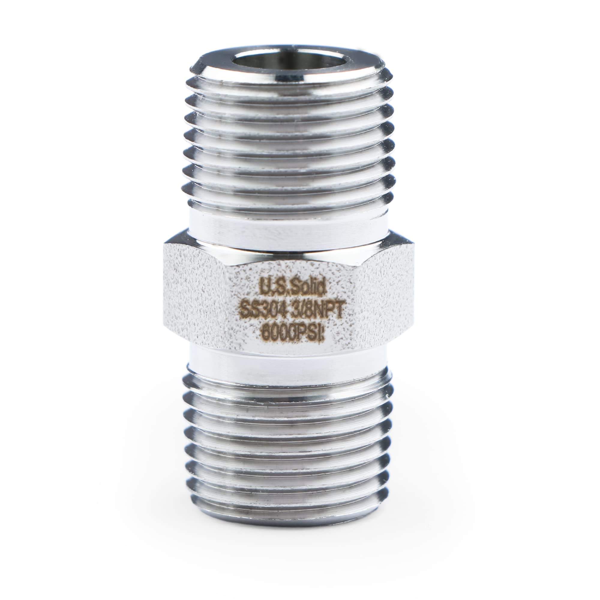 U.S. Solid 304 Stainless Steel Hex Nipple, 6000 psi High Pressure Heavy Duty Pipe Fitting, 3/8 ...