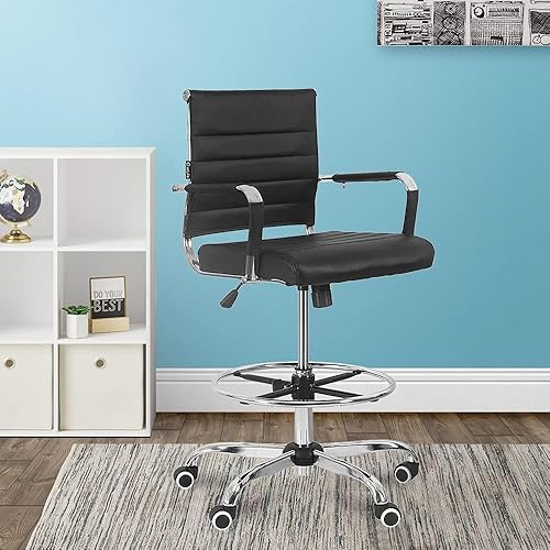 Drafting Chair Ergonomic Mid-Back Faux Leather Adjustable Office Chair ...