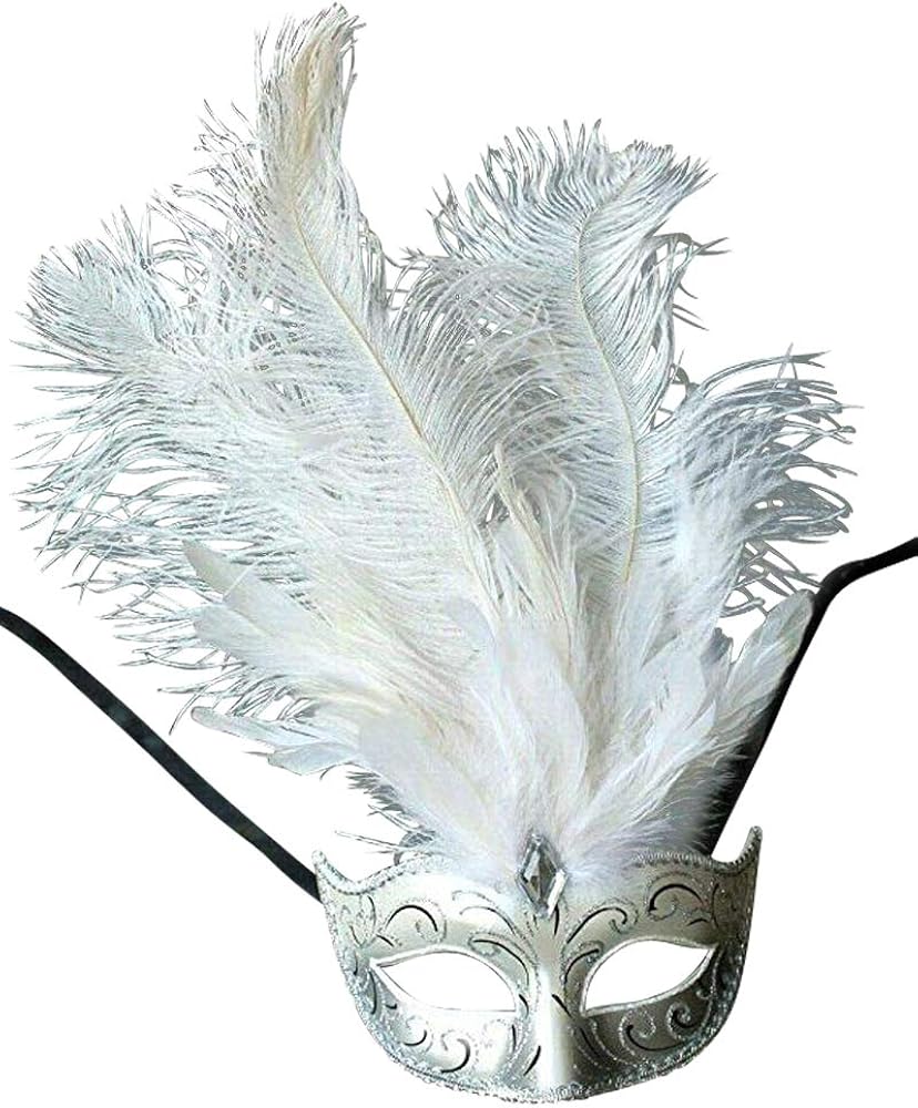 MASK & CO Ladies Quality White & Silver Feather Venetian Masquerade ...