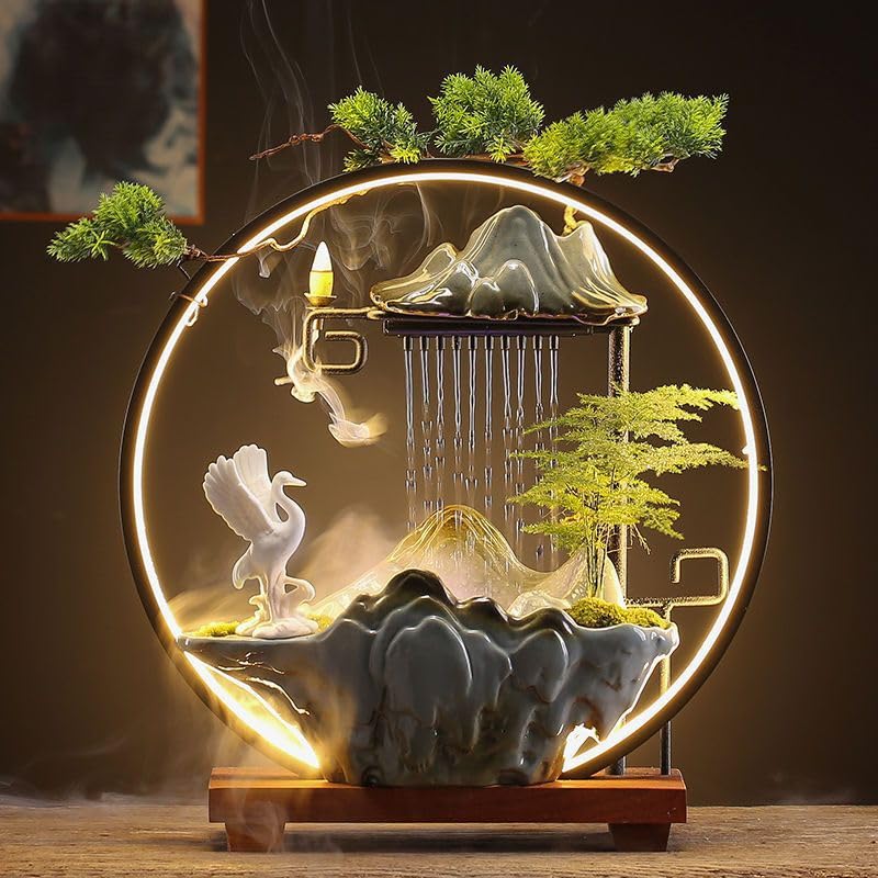 Crane Tabletop Water Fountains Indoor Waterfall Fountain with Mist LED ...