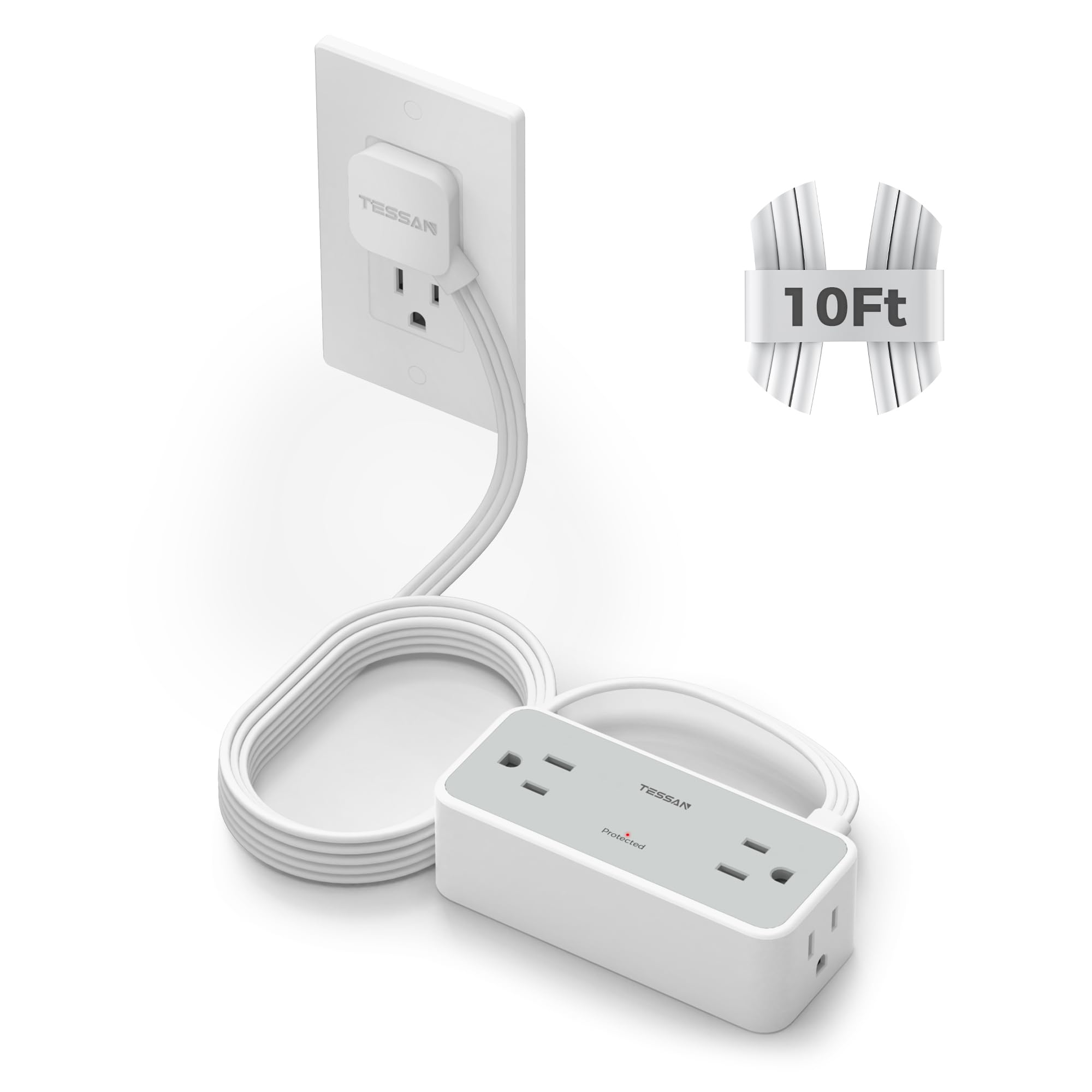 Surge Protector Power Strip, TESSAN Flat Plug Extension Cord 10 FT with ...