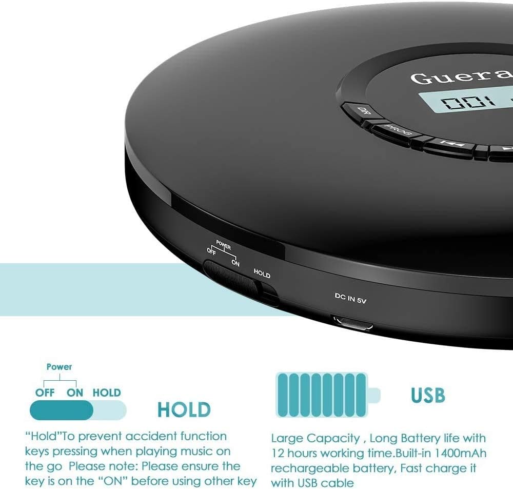 Portable CD Player 1400mAh CD Walkman Rechargeable CD Player Portable ...