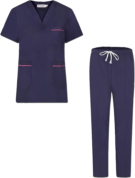 Men's Working Uniform Set V-Neck Tops and Drawstring Pants Dark Blue ...