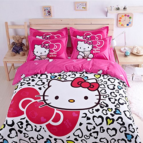 FADFAY 4Pcs Hello Kitty Queen Size Duvet Cover Bedding Sets 100% Cotton