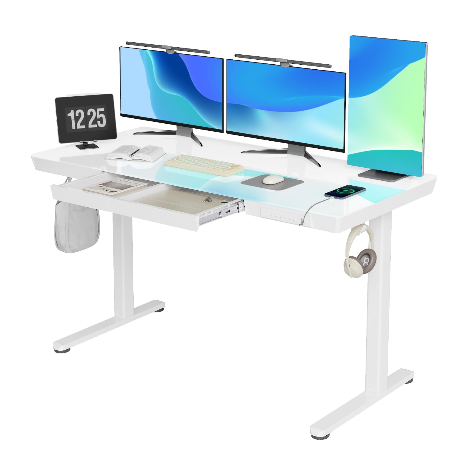 Claiks Glass Standing Desk with Drawers, 55 Inch Adjustable Stand Up Desk, Quick Install Home ...
