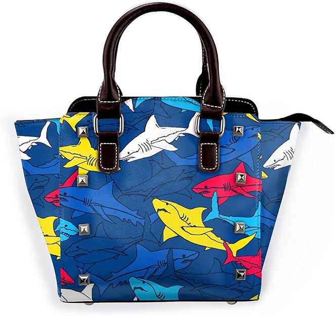 Watercolor Colorful Sharks Leather Rivet Shoulder Bag Tote Handbag ...