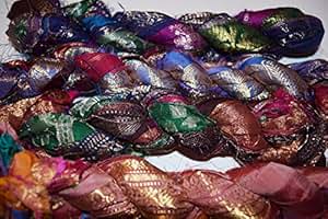 Amazon.com: Zari Sari Pure Silk with metallic threads 100 g Ribbon Yarn ...
