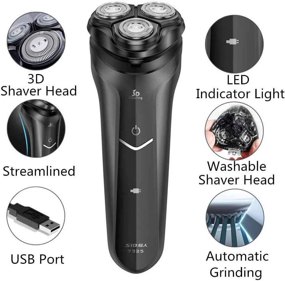 SID Black Electric Men’s Rotary Shaver, Cordless Shavers USB Razor ...