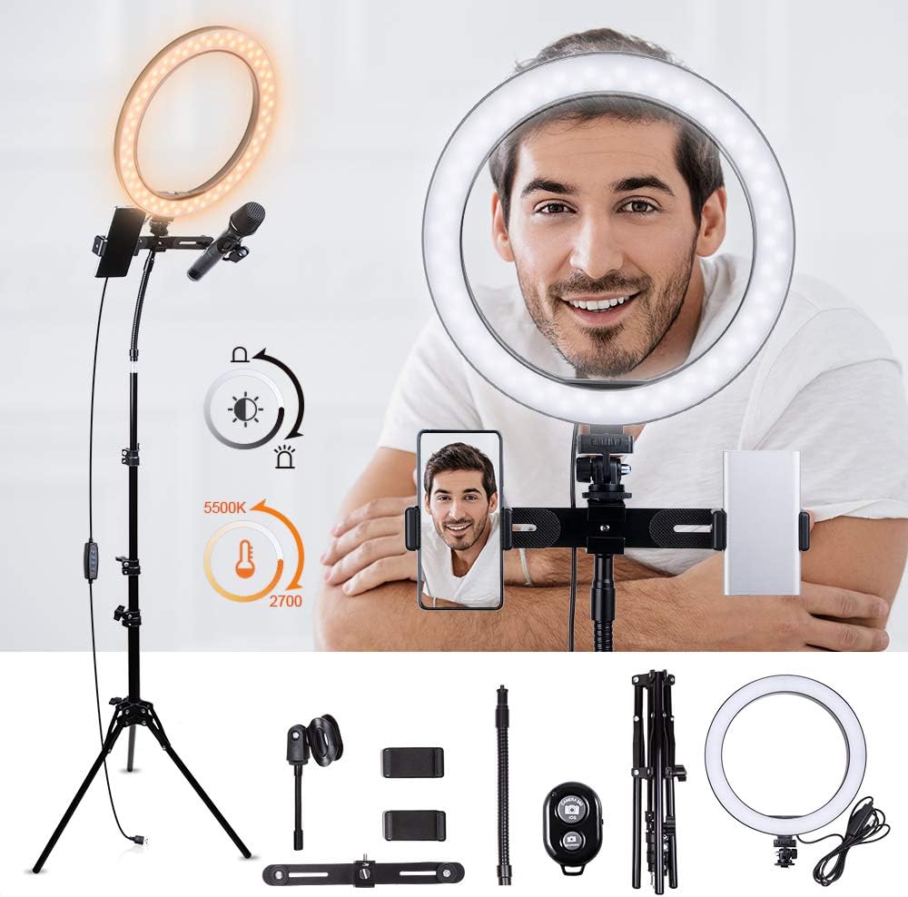 K&F Concept 10” LED Ring Light with Maximum 95” Tripod Stand, 3 Phone ...