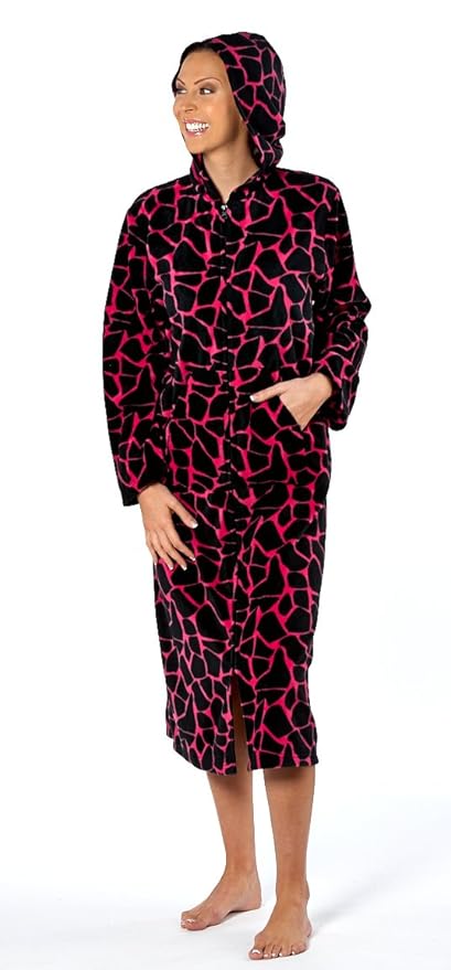 Ladies Soft Cosy Fleece Zip Up Dressing Gown Zip Through Hooded ...
