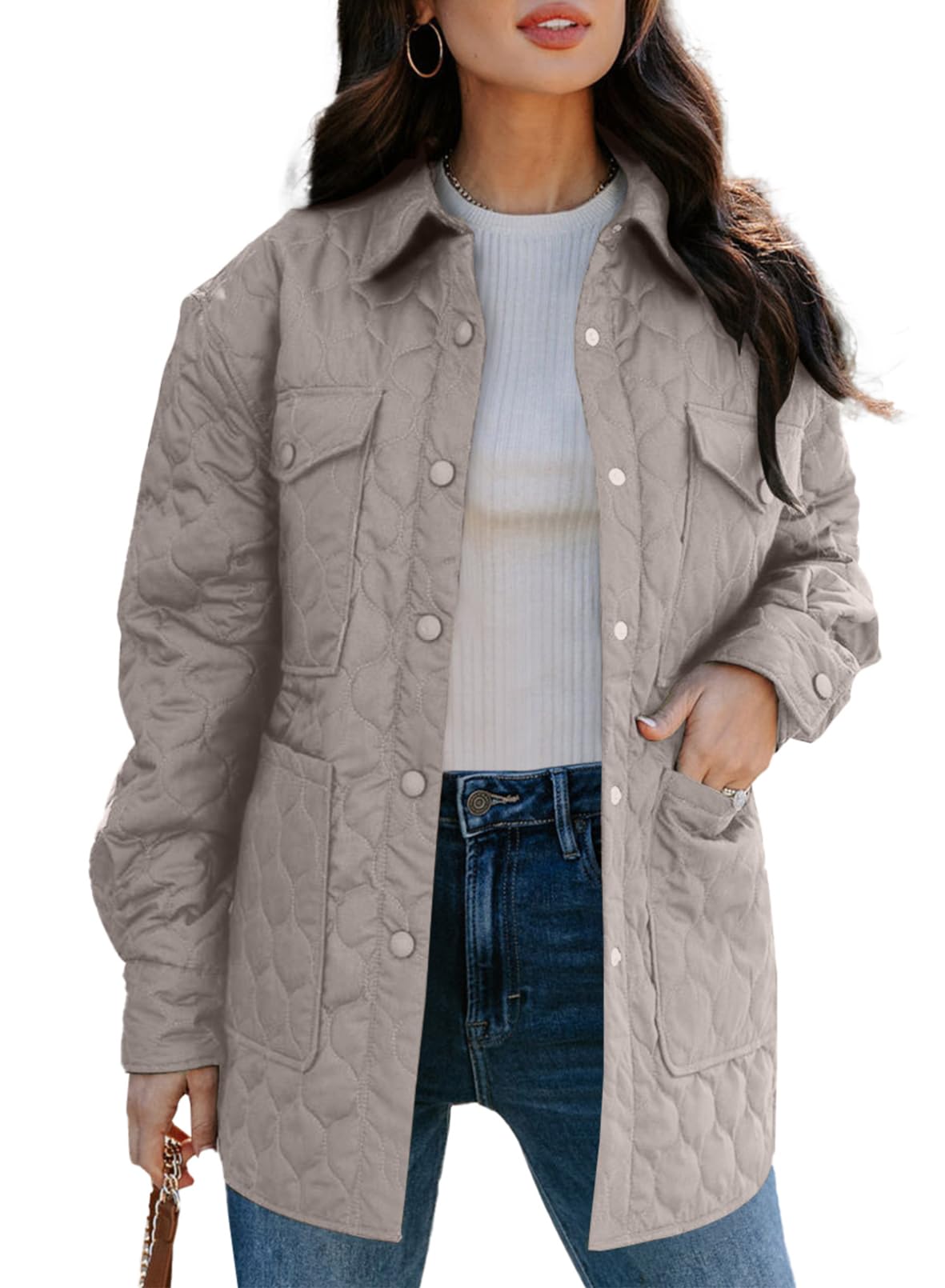 EVALESS Lightweight Diamond Quilted Jackets for Women Casual Collar Long Sleeve Button Down ...