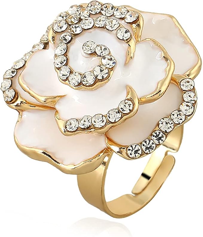 Amazon.com: White Rose Flower Statement Ring for Women Girls CZ ...
