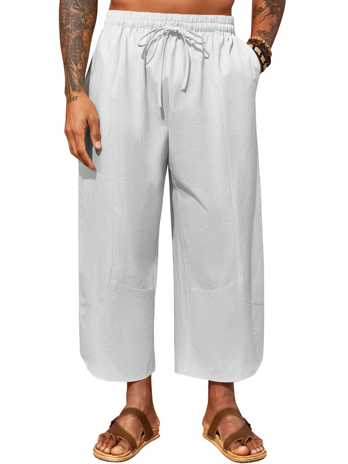 PASLTER Mens Cotton Linen Capri Pants Casual Drawstring Elastic Waist ...