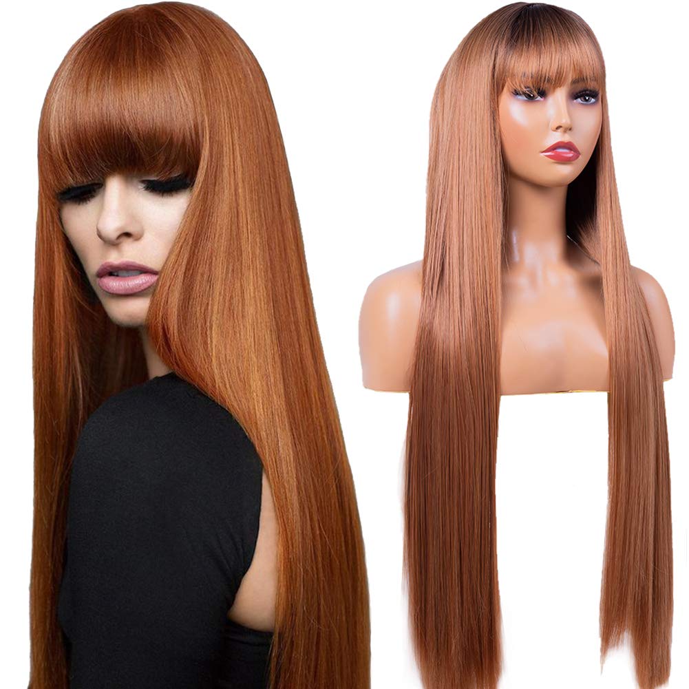 Amazon.com : Sylhair 32”Super Long Straight Hair Wigs with Bangs Matte ...