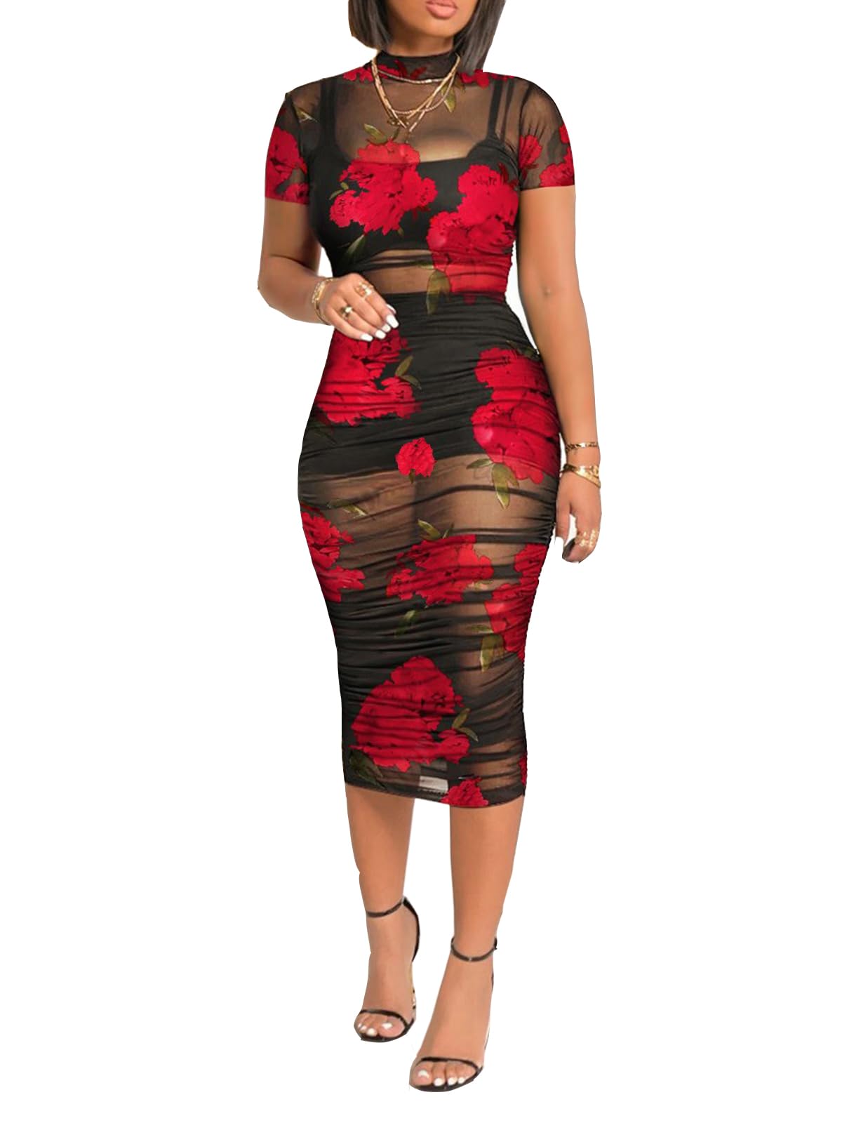 Sexy Mesh Dresses for Women Short Sleeve Ruched Mesh Bodycon Dress ...