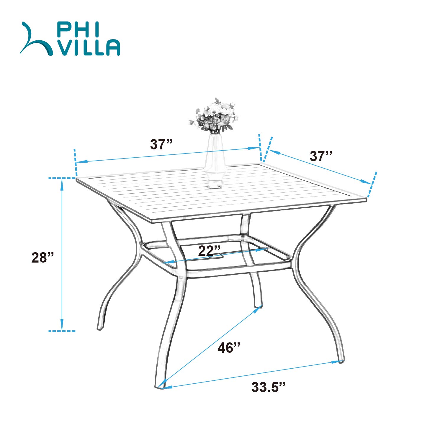 PHI VILLA 37" x 37" Patio Outdoor Dining Table with Umbrella Hole ...