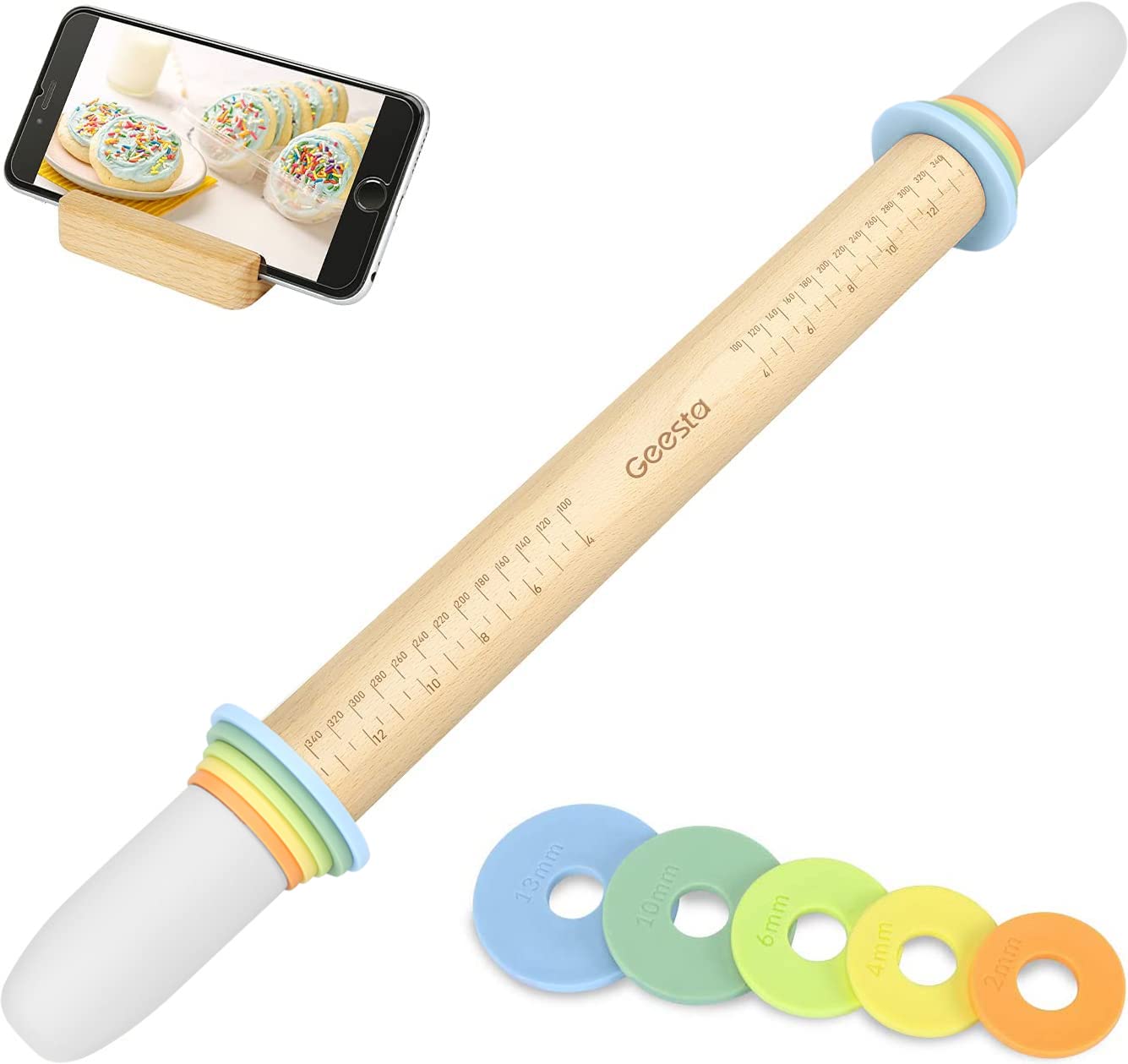 Mua Adjustable Wood Rolling Pin with 5 Thickness Rings, Precise Dough ...