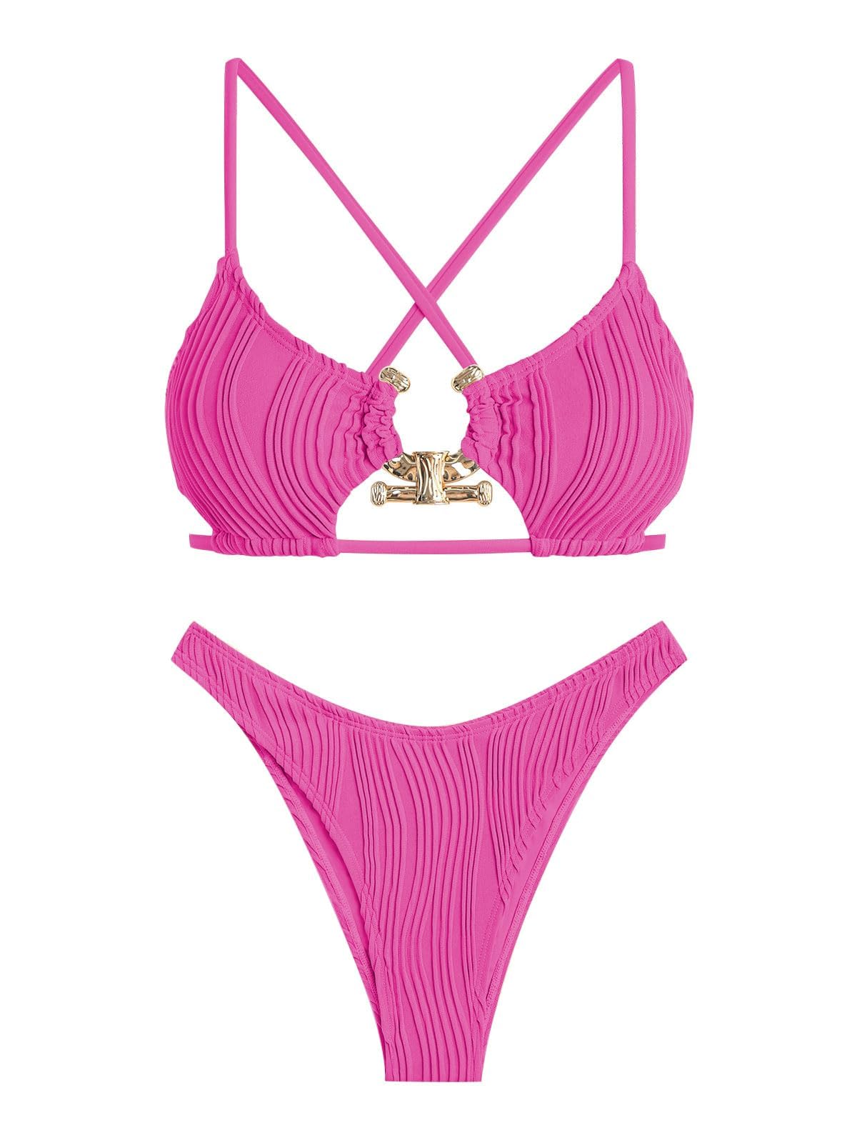 ZAFUL Women's Cutout Bikini Criss Cross Textured Metal High Leg Bikini ...