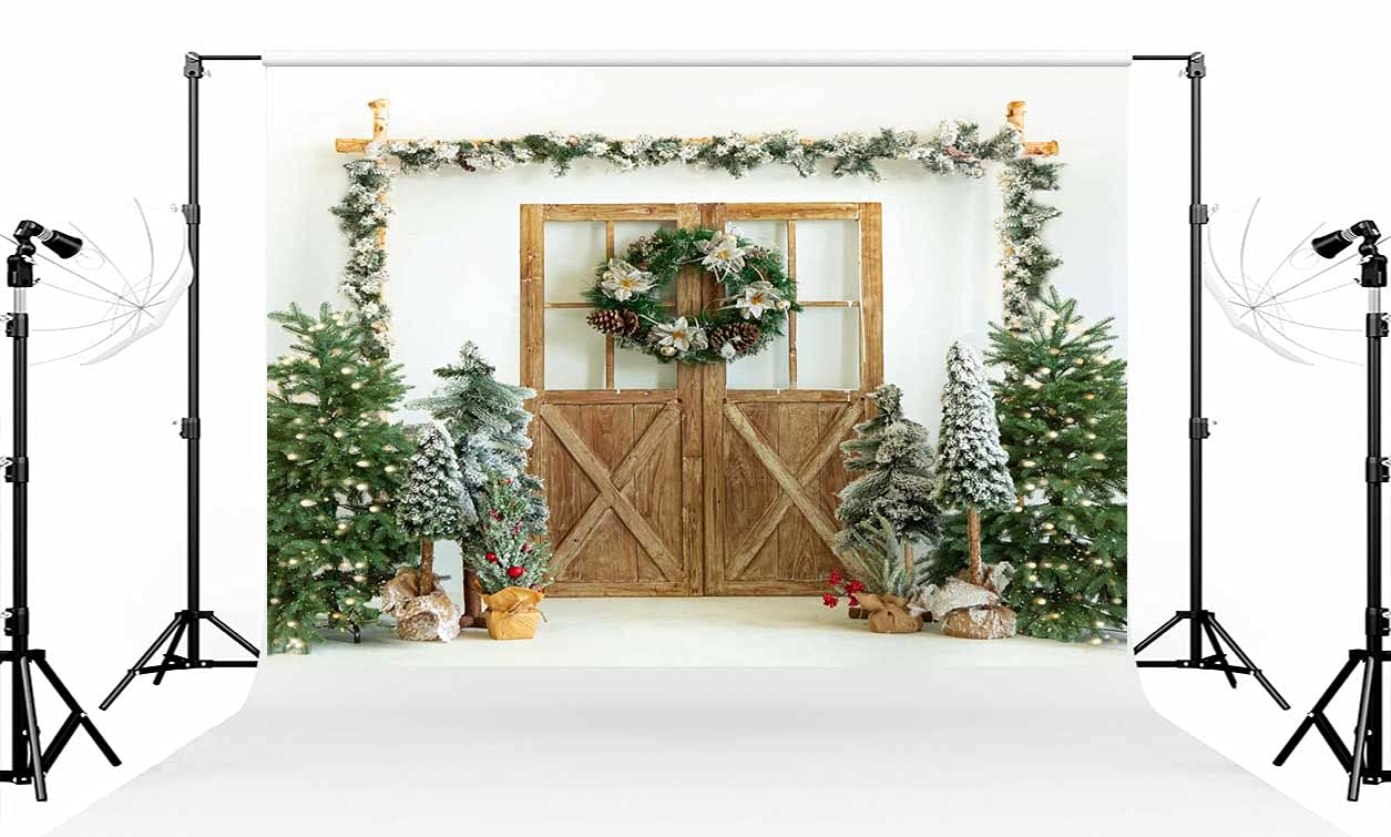 Kate 8×8ft (2.5×2.5m) Green Christmas Tree Photo Backdrop Wooden Door ...