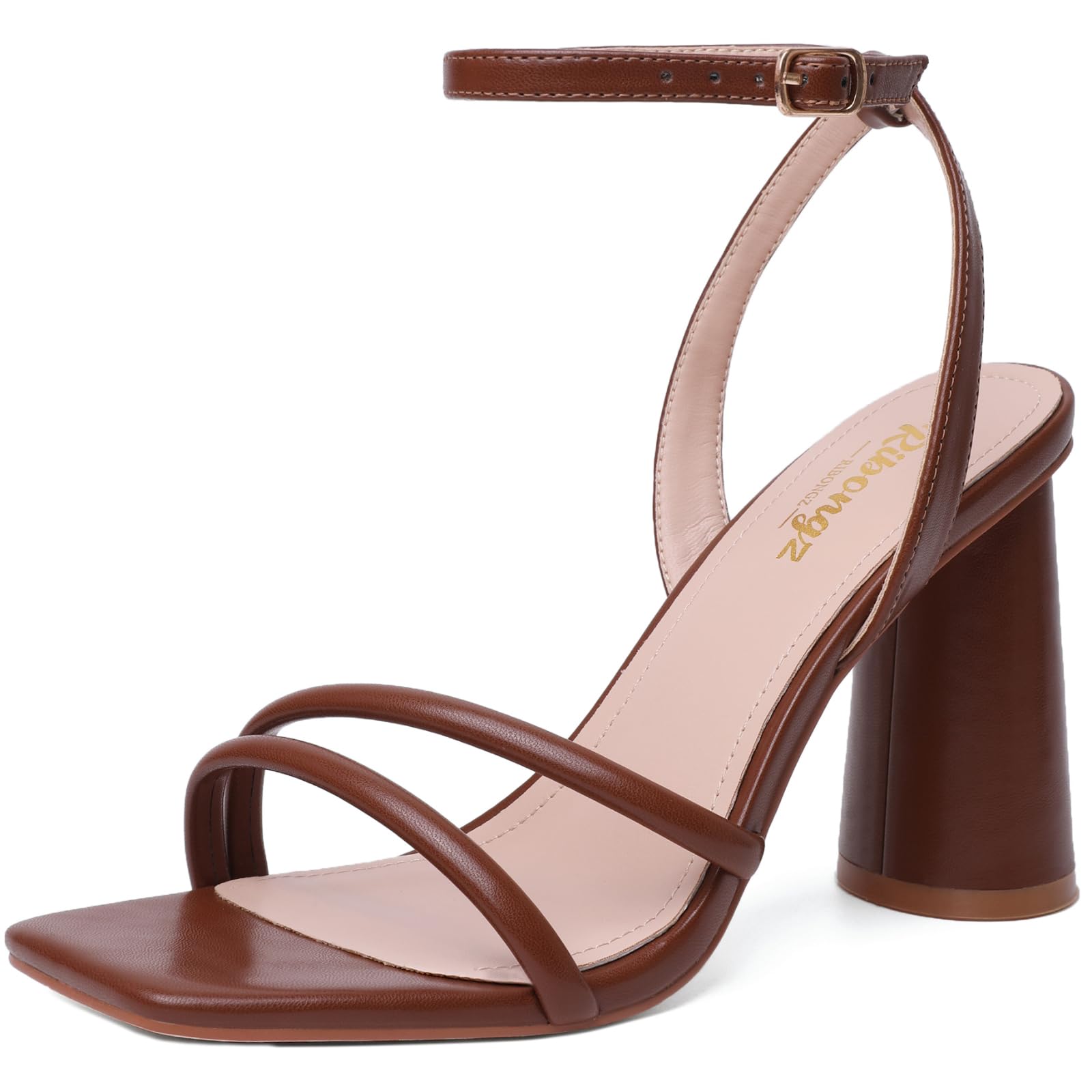 RIBONGZ Brown Strappy High Heels for Women Heeled Sandals Square Open ...
