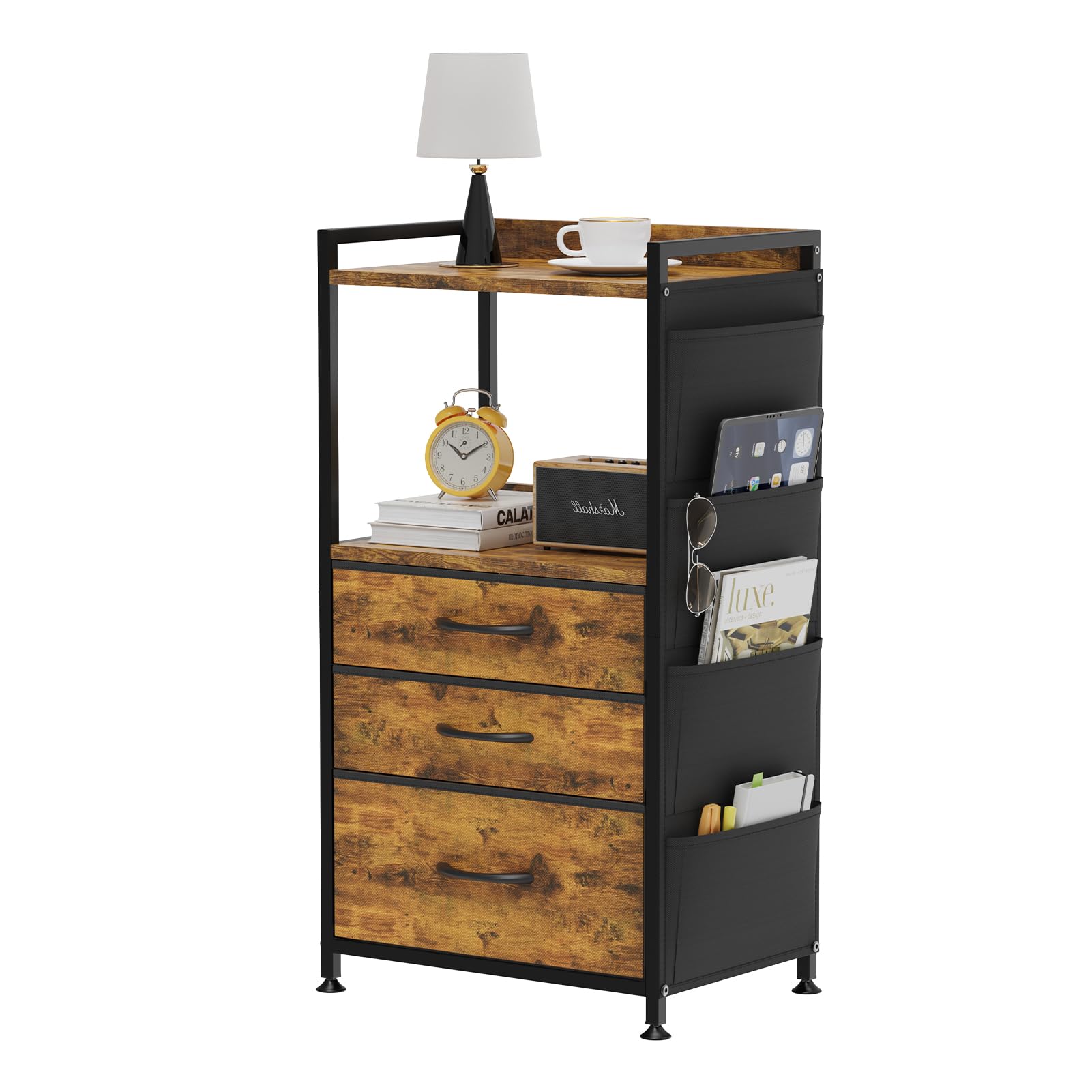 LASZOLA Nightstand with 3 Fabric Drawers and Side Pockets, Vertical ...