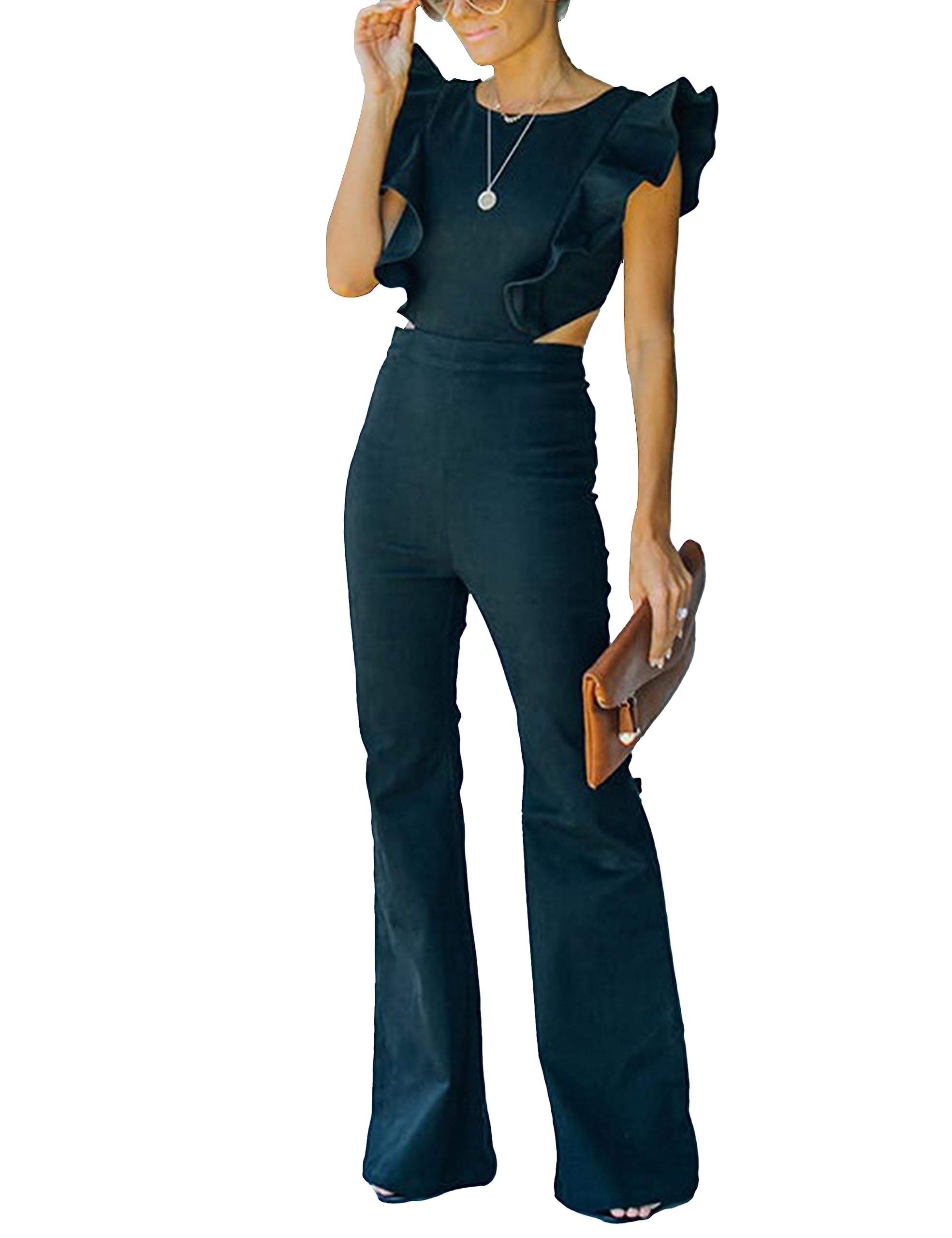 Omoone Womens Flared Denim Overalls Jumpsuit Ruffle Sleeves Backless ...