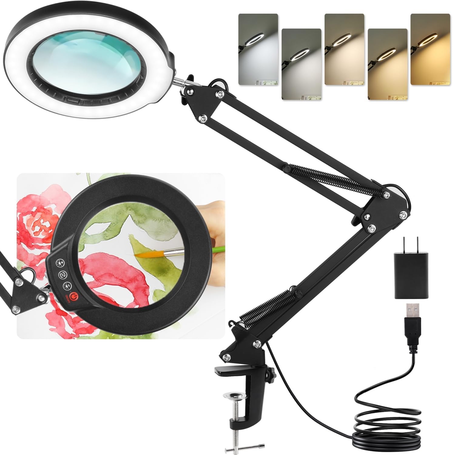 LANCOSC 10X Magnifying Glass with Light and Clamp, 5 Color Modes ...