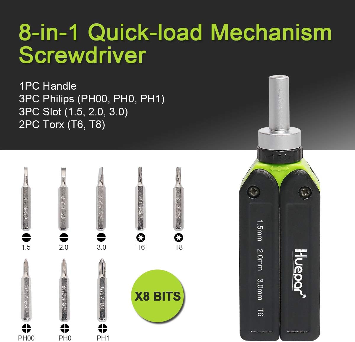 Multi-Bit Ratchet Precision Screwdriver Set 8-in-1, Huepar Quick-Load ...