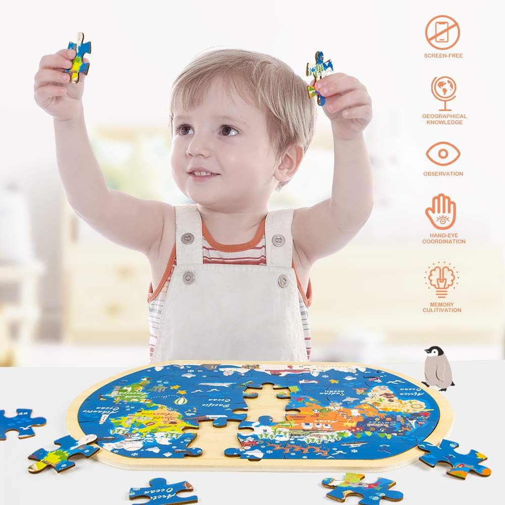 VATOS Wooden Jigsaws Puzzles for Toddlers, World Map Jigsaw Puzzles for ...